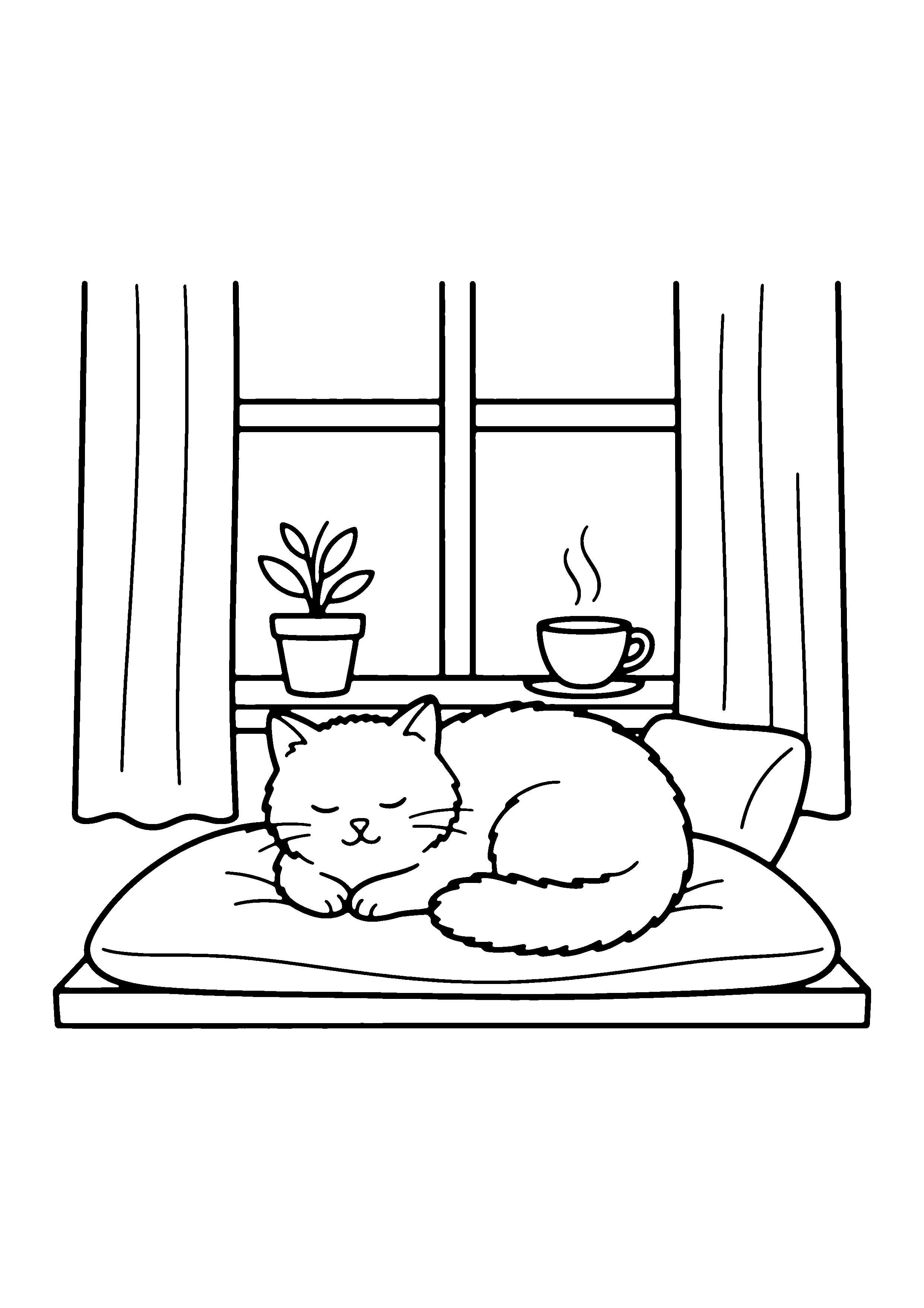 Cozy Cat by the Window Coloring Page - Free Printable | Scribbloo